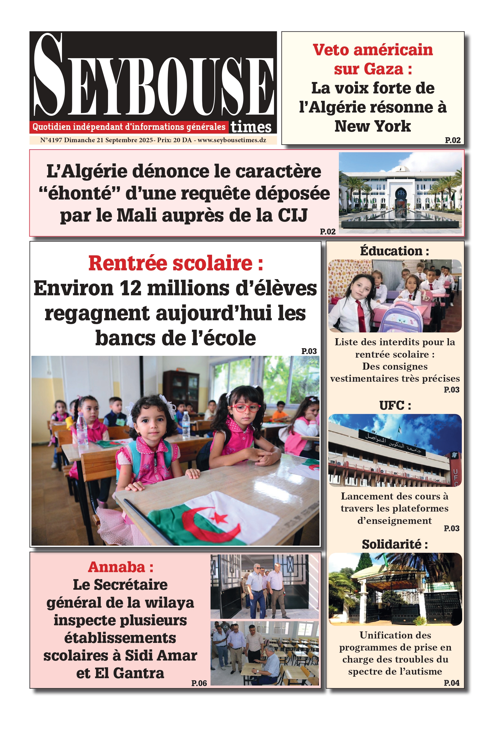 Journal du 21 Septembre 2025 Edition N°4197 - Seybouse Times